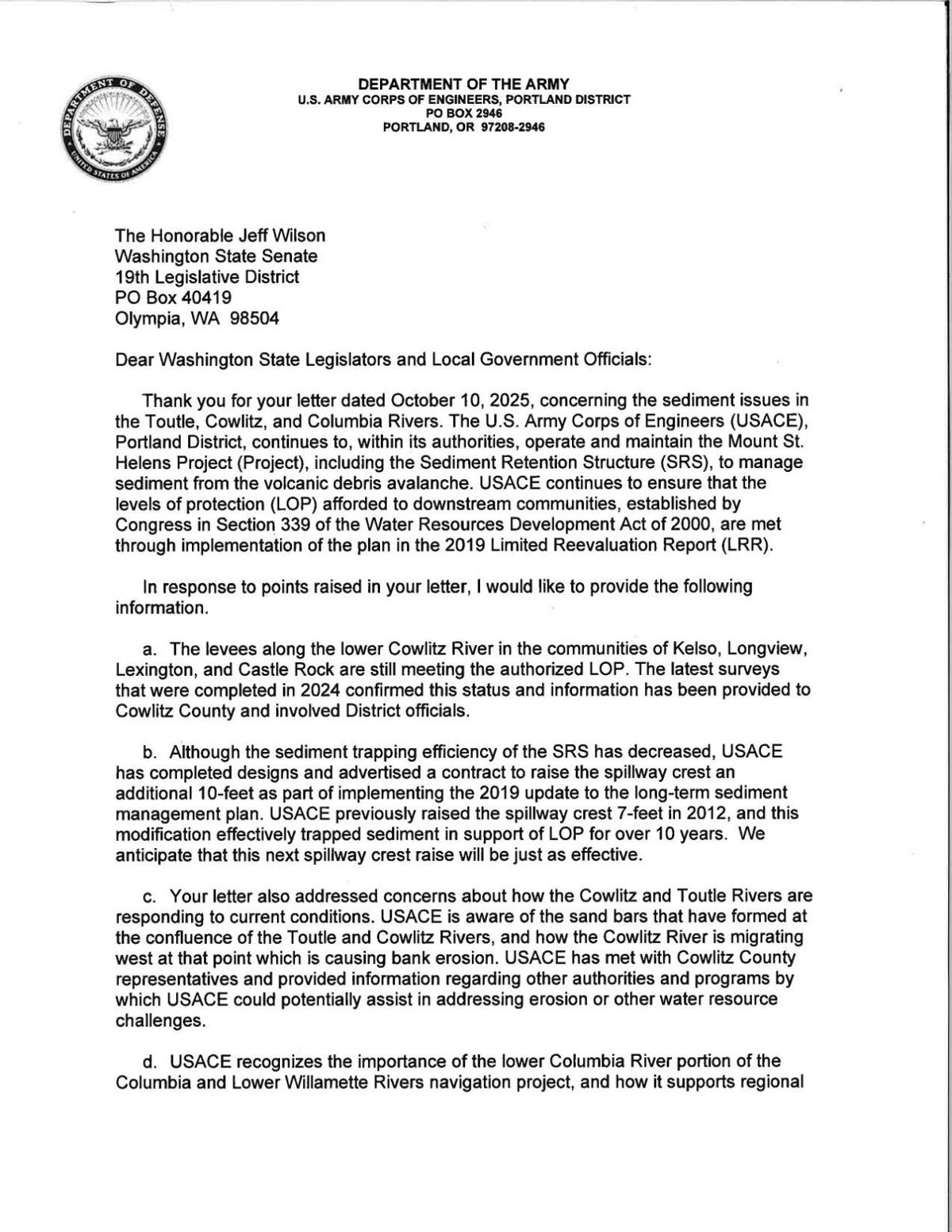 LETTER: Army Corps responds to local leaders' Cowlitz River sediment ...
