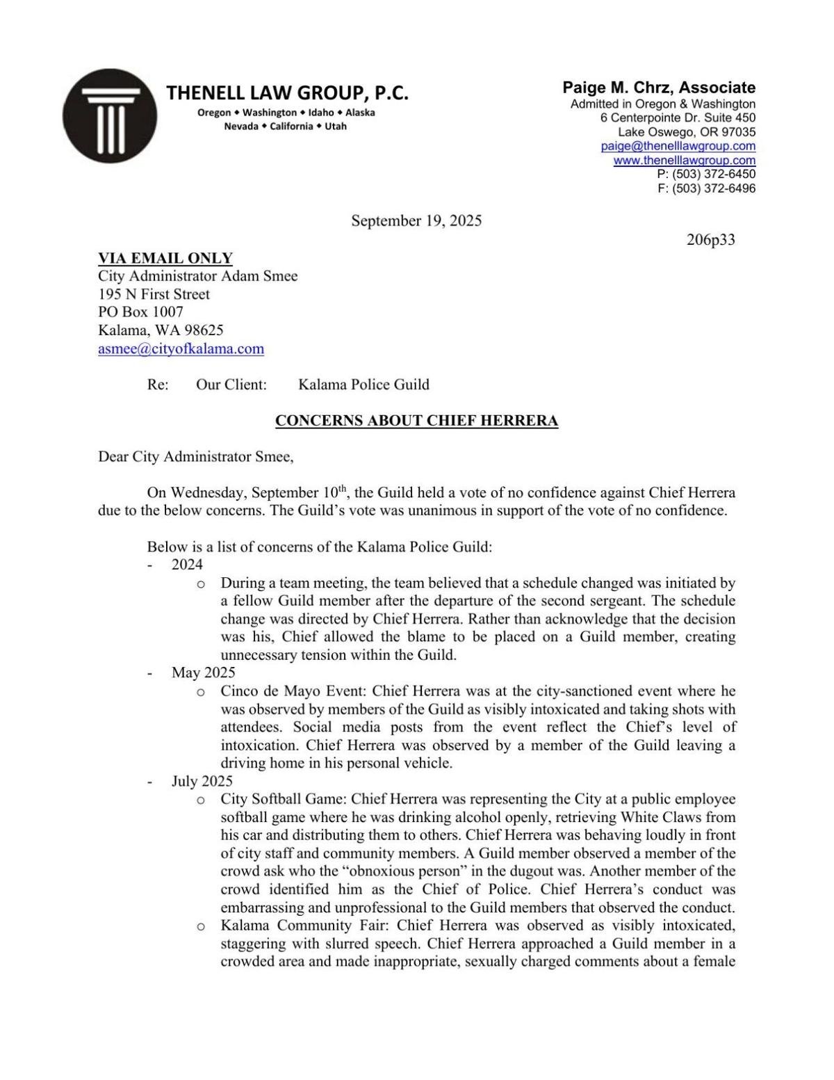 LETTER: Kalama Police union lists issues with former chief