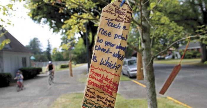 Camp kids hang happy messages from trees at lake