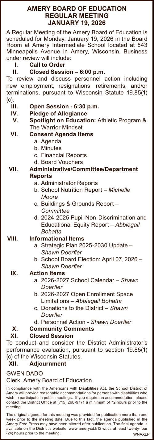 School District of Amery - BOE Meeting Notice | Public Notices ...