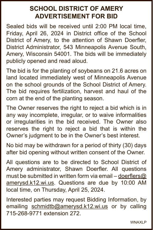 School District of Amery - Ad for Bids | Public Notices ...