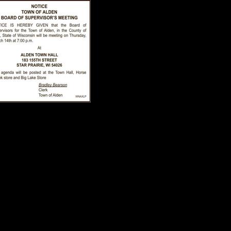 Town of Alden - Board of Supervisors Meeting Notice | Public Notices | theameryfreepress.com
