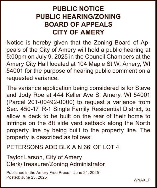 City of Amery - Zoning BOA Roe | Public Notices | theameryfreepress.com