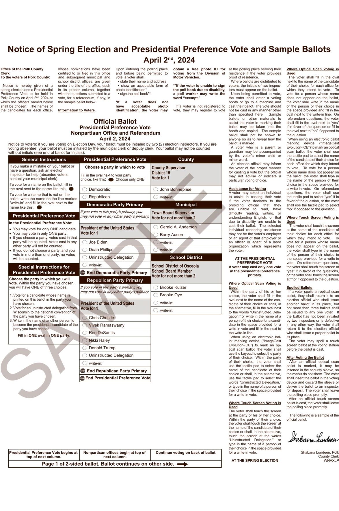 Polk County Clerk - Notice of Spring Election and Sample Ballots ...