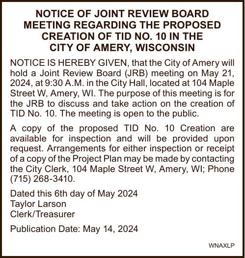 City of Amery - Notice of Joint Review Meeting TID 10 | Public Notices ...