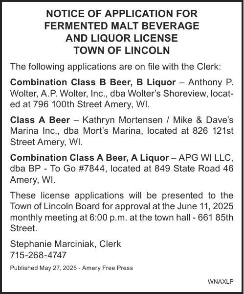 Town of Lincoln - Liquor Licenses | Public Notices | theameryfreepress.com