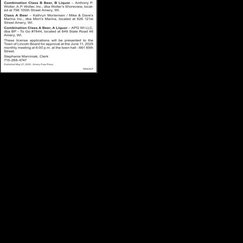 Town of Lincoln - Liquor Licenses | Public Notices | theameryfreepress.com