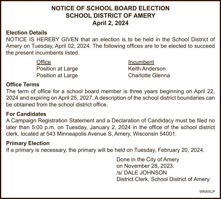 School District of Amery - Notice of Spring Election | Public Notices ...