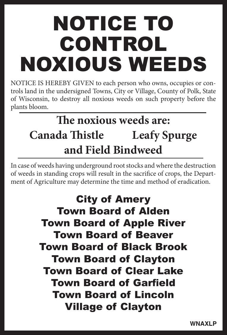 NOTICE TO CONTROL NOXIOUS WEEDS | Public Notices | theameryfreepress.com