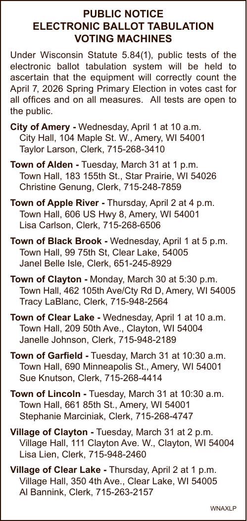 Electronic Ballot Tabulation | Public Notices | theameryfreepress.com