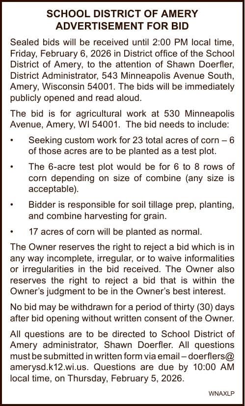 School District of Amery - School Farm Bids | Public Notices ...