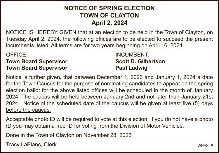 Town of Clayton - Notice of Spring Election | Public Notices ...