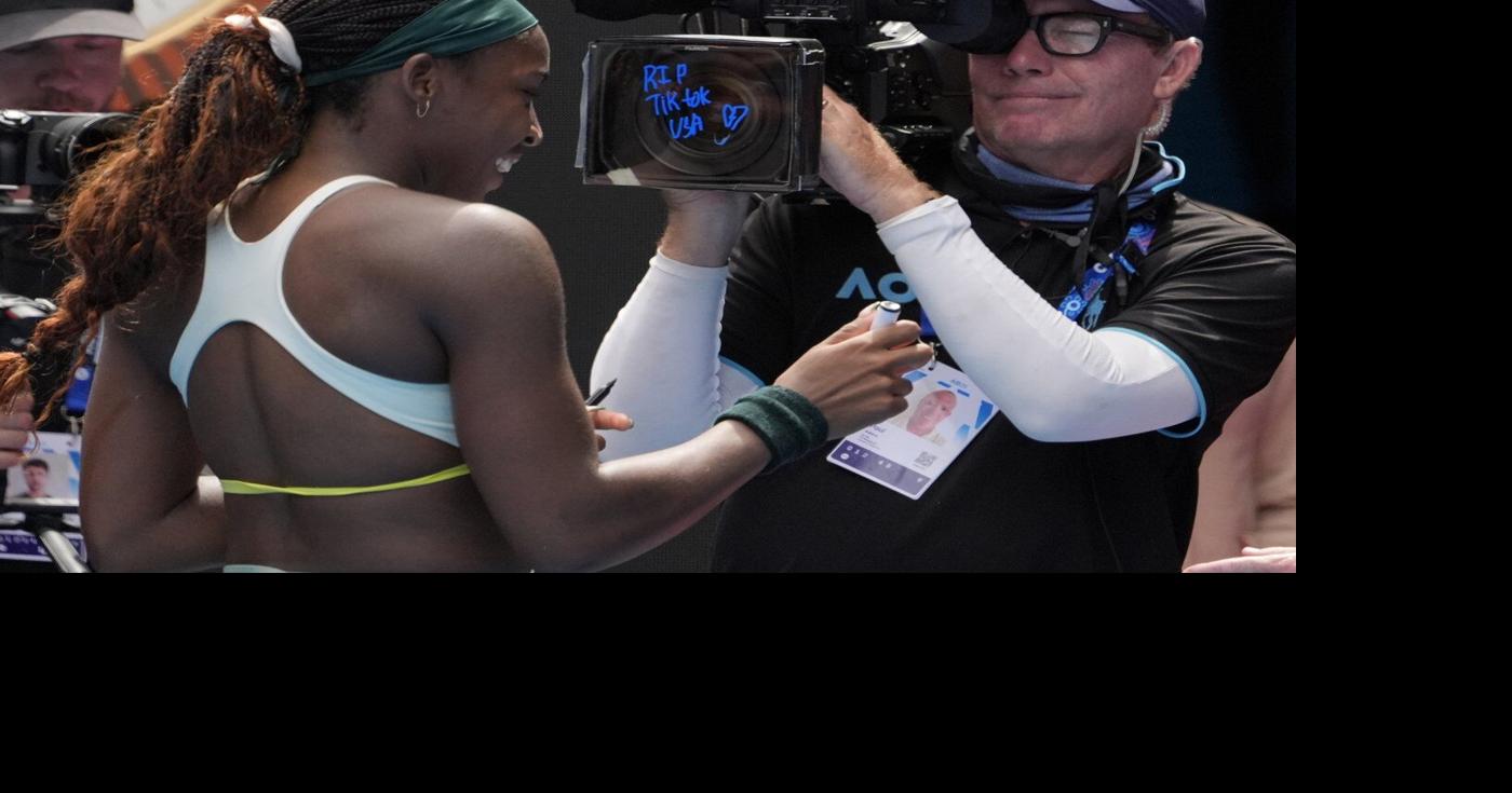 Coco Gauff writes 'RIP TikTok USA' on a TV camera at the Australian ...