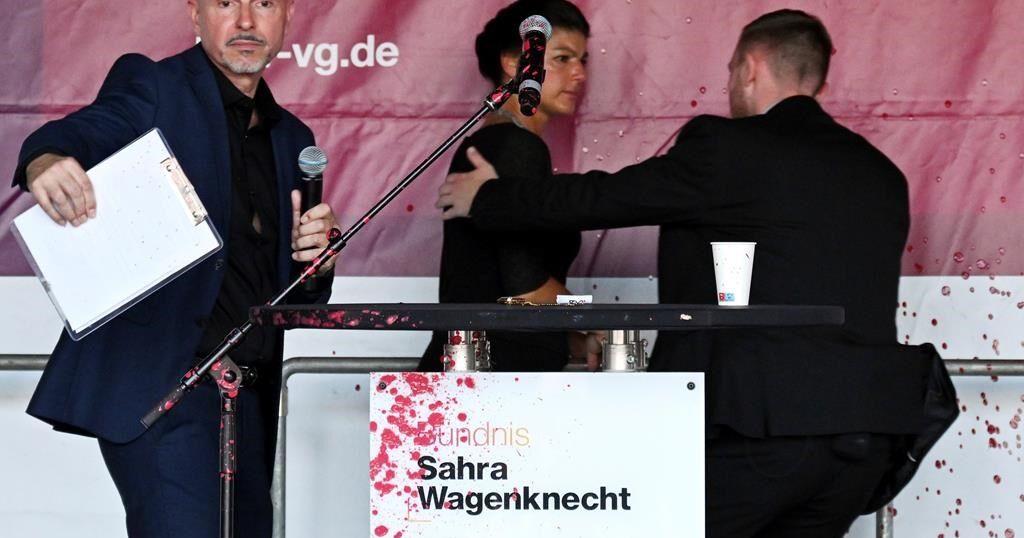 Prominent German leftist politician sprayed with a red liquid, likely ...