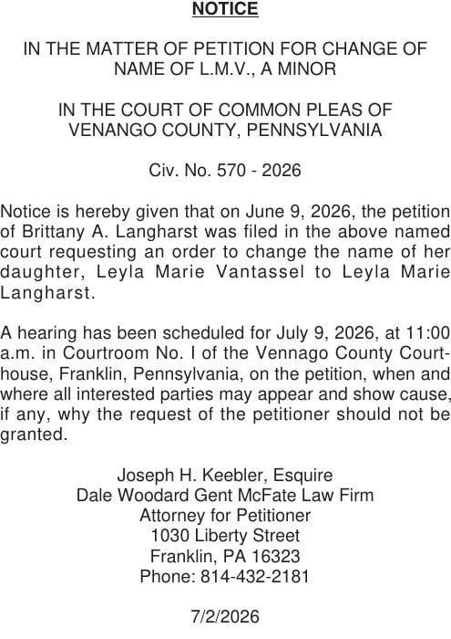 NAME CHANGE - L.M.V. | Public Notices | thecourierexpress.com