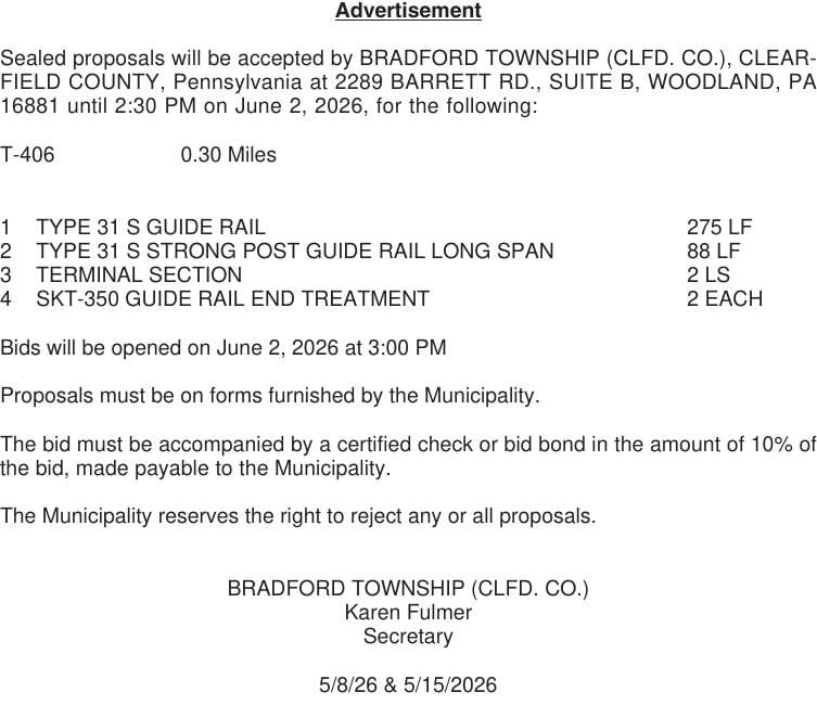 SEALED PROPOSALS - GUIDE RAIL | Public Notices | thecourierexpress.com
