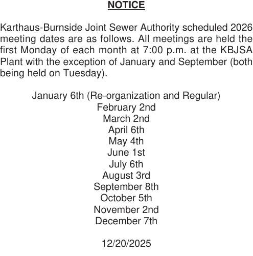 2026 MEETING SCHEDULE | Public Notices | thecourierexpress.com