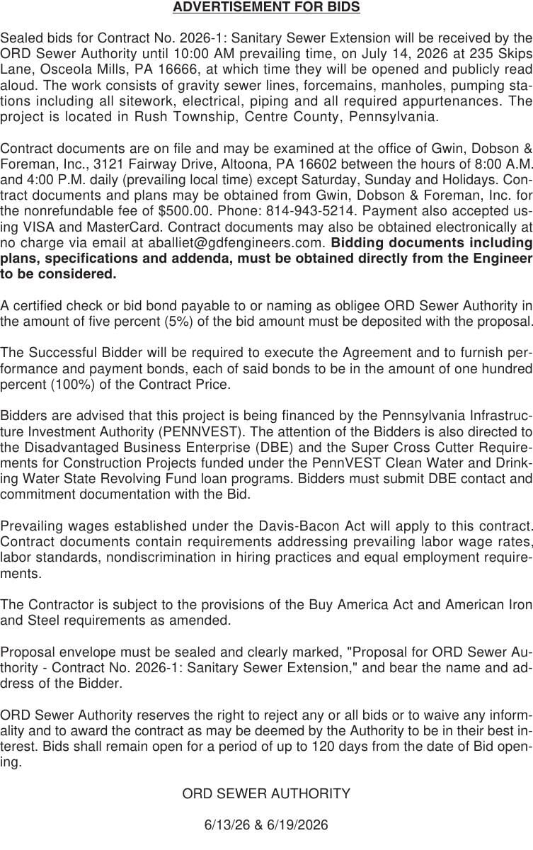 SEALED BIDS - SEWER EXTENSION | Public Notices | thecourierexpress.com