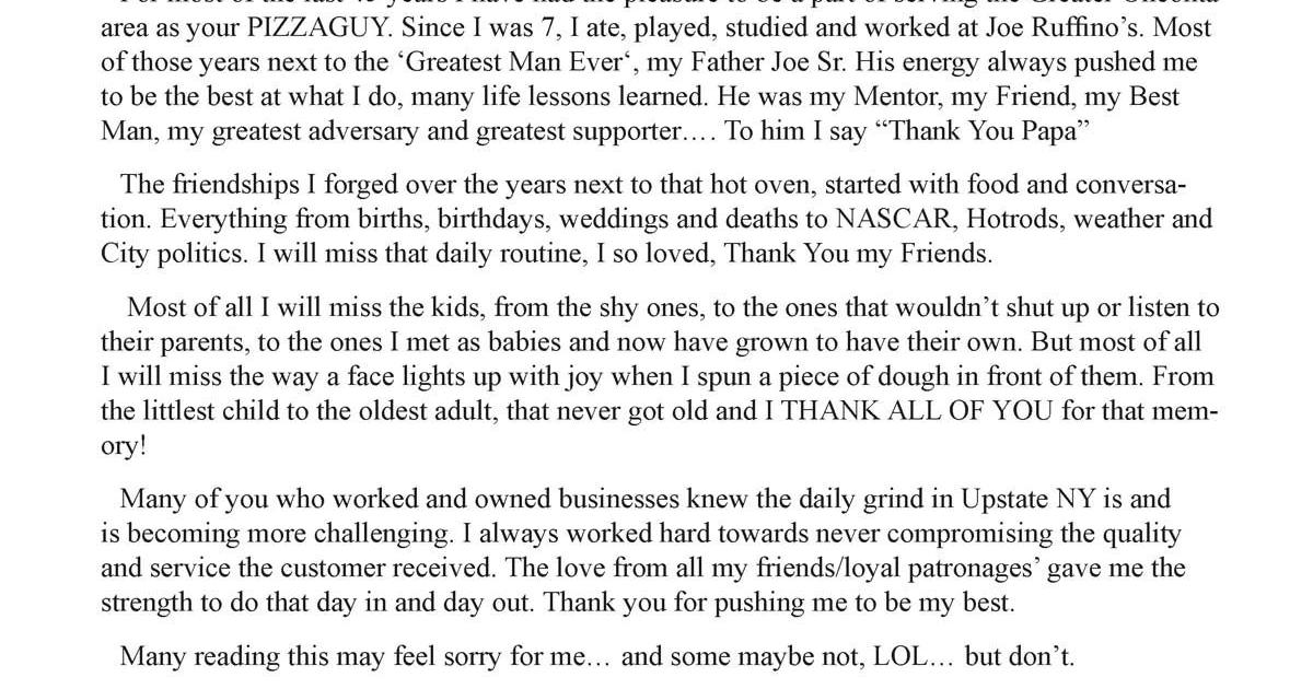 Joe Ruffino Jr. explains closing of his Oneonta Main Street restaurant ...