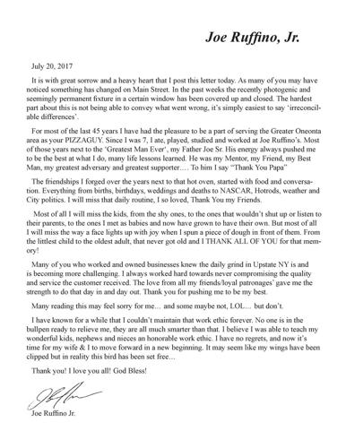 Joe Ruffino Jr. explains closing of his Oneonta Main Street restaurant ...