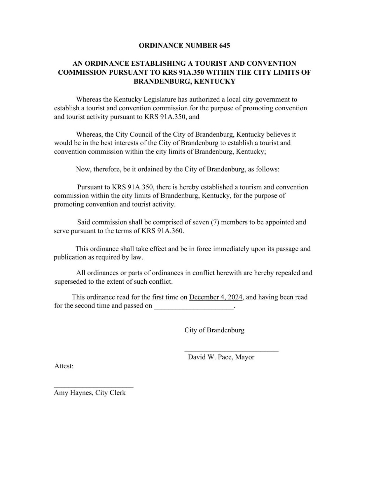 First Reading of ordinance 645 Tourist and Convention Commission ...