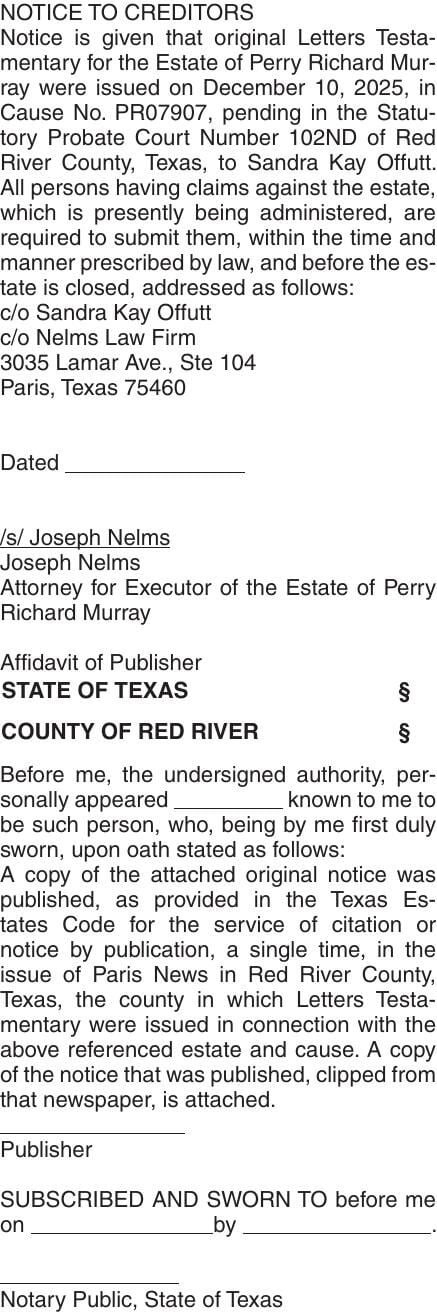 ESTATE OF PERRY MURRAY - | Legal Announcements | theparisnews.com