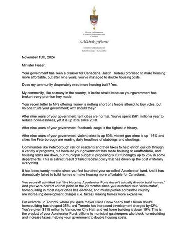 MP Ferreri refused to support city’s housing application