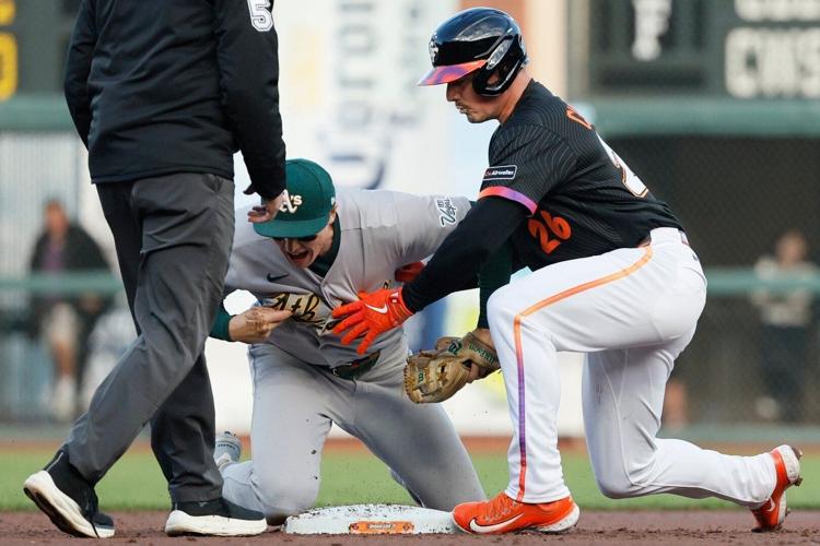 Athletics' Zack Gelof loses hit streak at 24 games after getting spiked ...