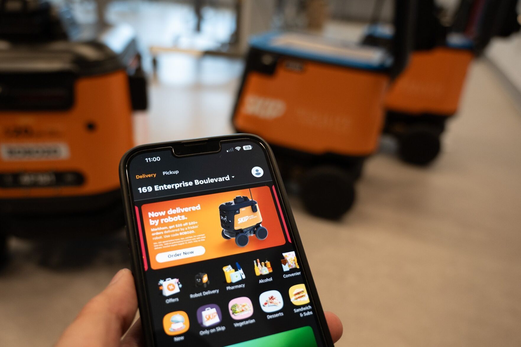 UW robot delivery system on the road, delivering food