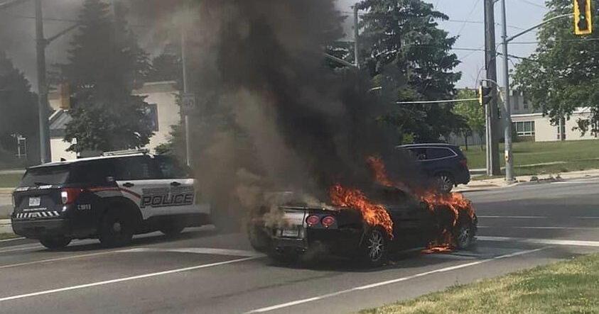 Corvette engulfed in flames in Cambridge