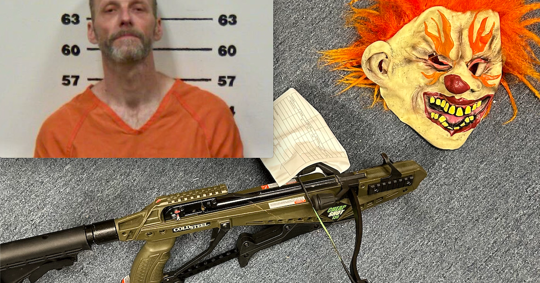Man wearing clown mask, carrying crossbow puts Hawkins courthouse on ...
