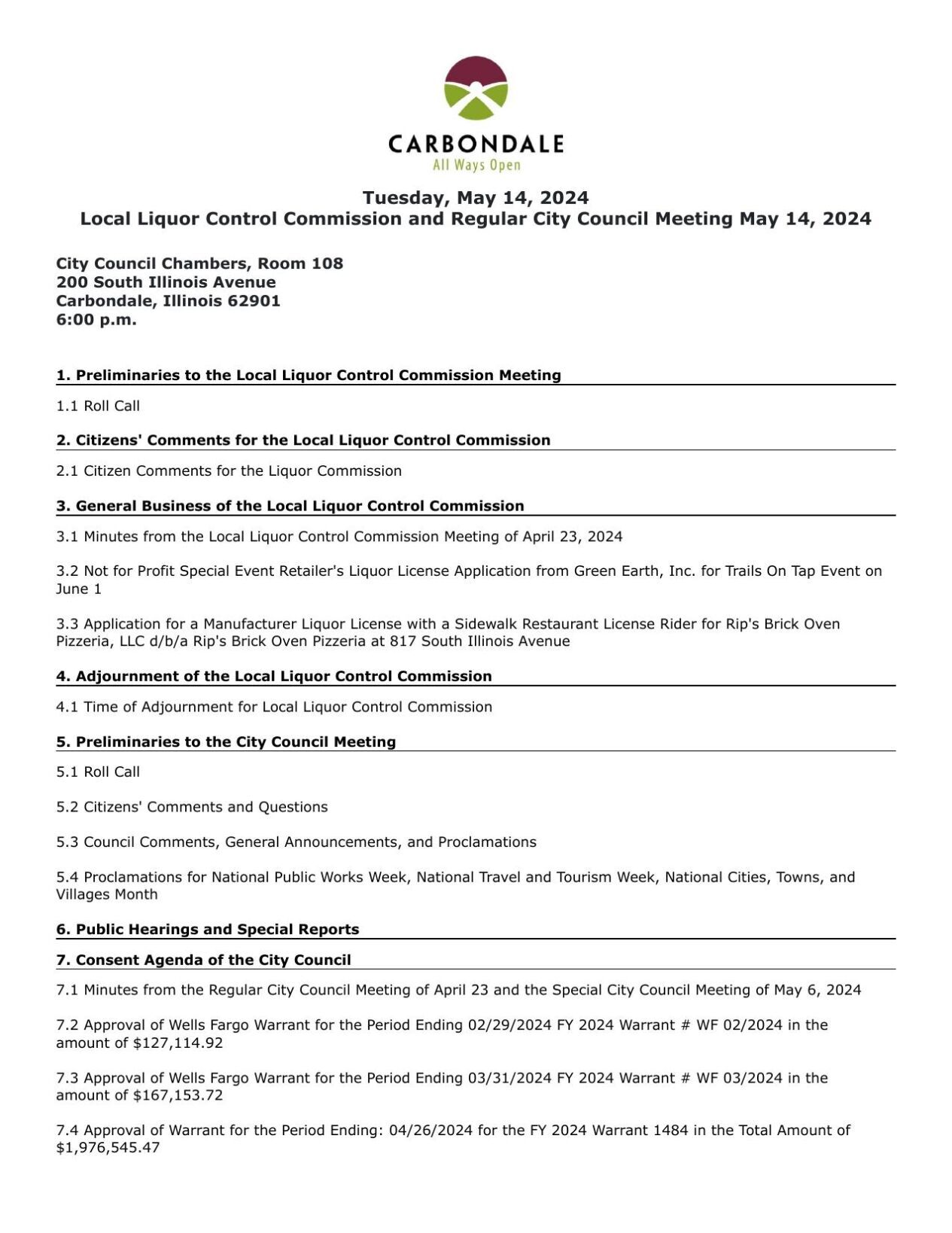 Local Liquor Control Commission and Regular City Council to hold ...