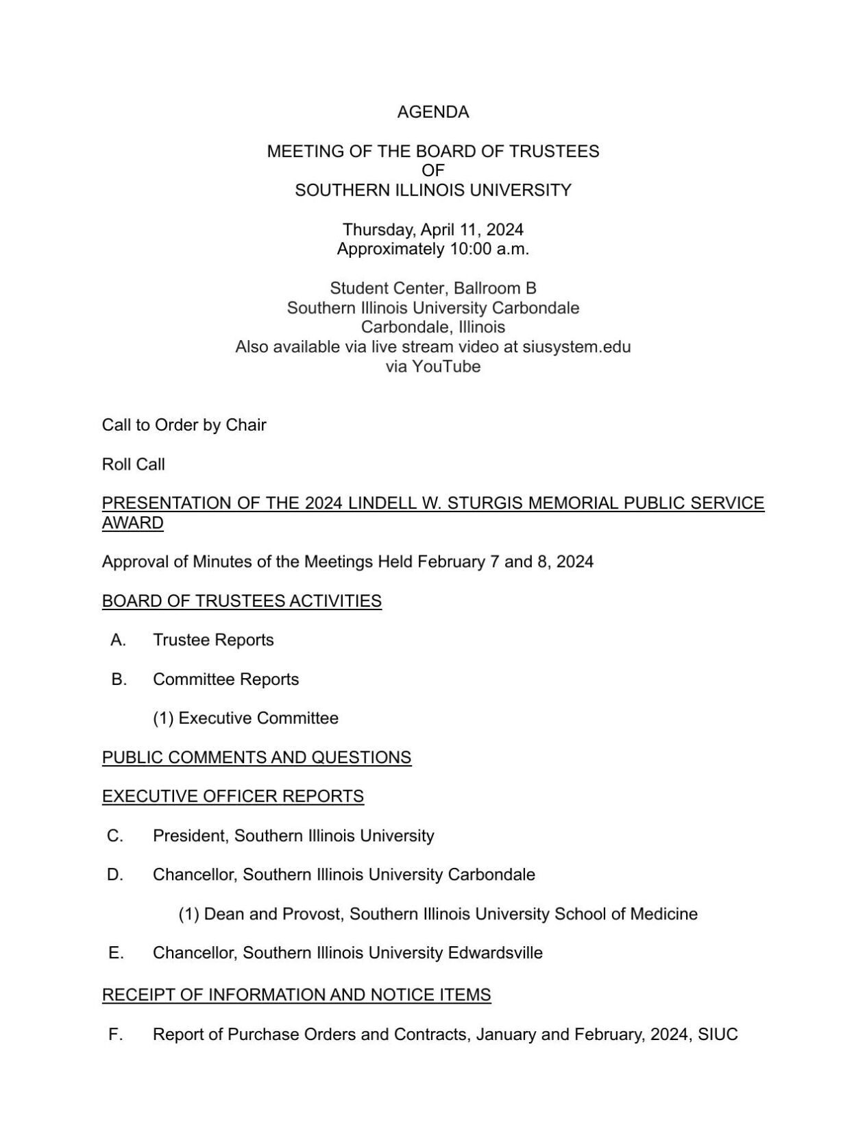 Board of Trustees of Southern Illinois University to hold April 11 ...