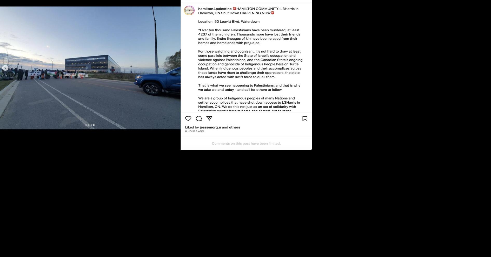 Palestinian protesters blockade L3 Harris in Waterdown