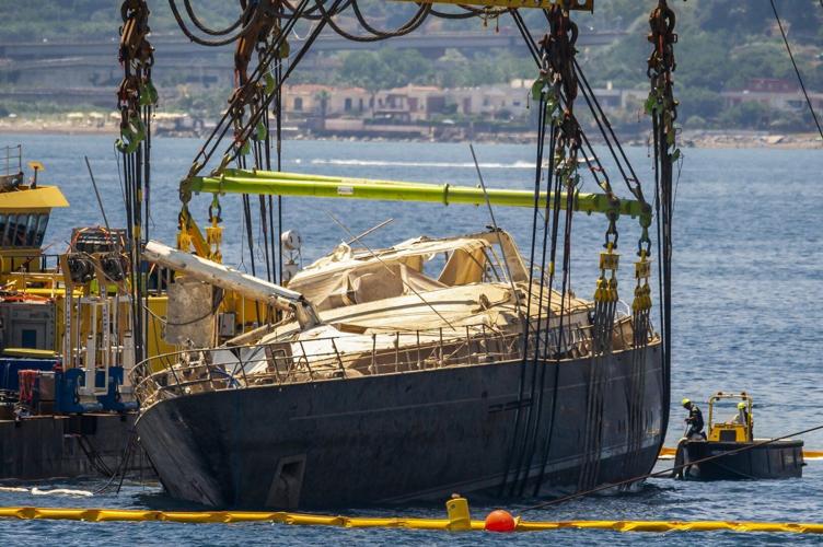 Sunken Bayesian superyacht lifted out of the water off Sicily as ...