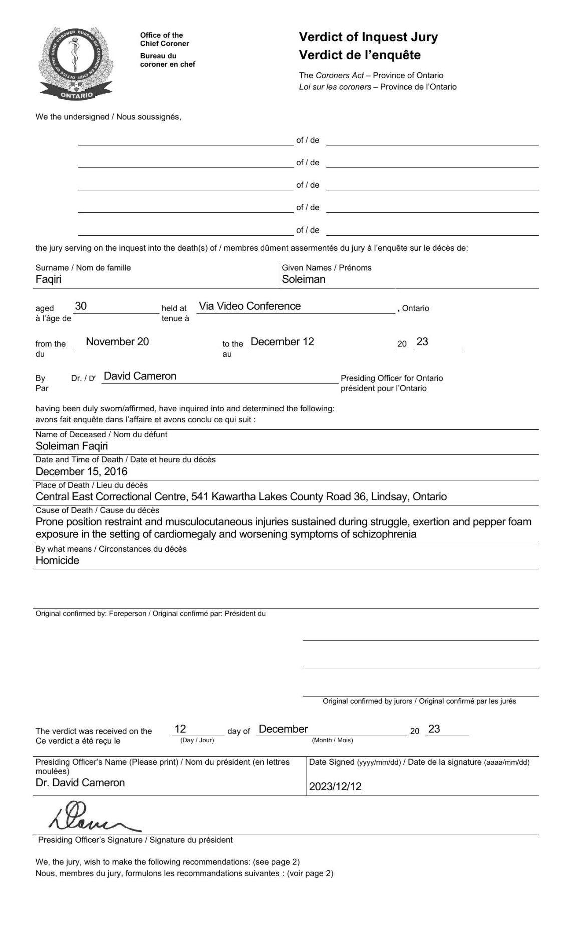 Coroner’s inquest finds Faqiri’s jailhouse death a homicide