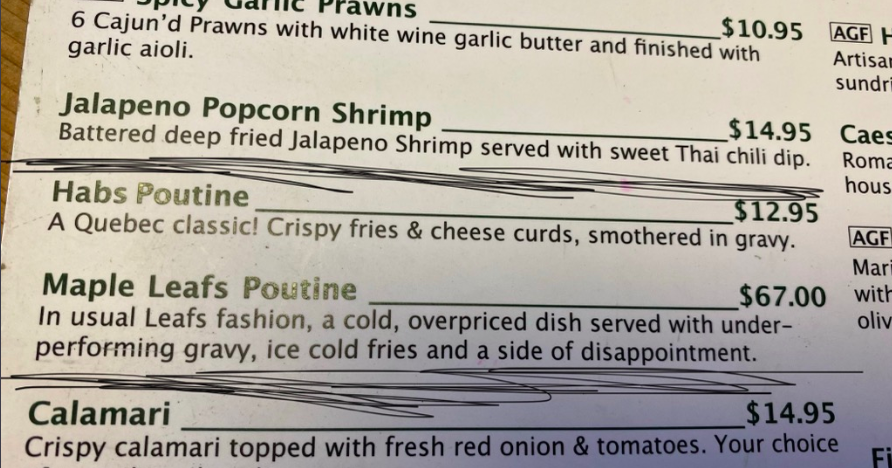 B.C. restaurant burns Maple Leafs with sarcastic poutine on menu