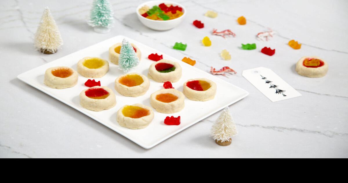 Kids will love these Gummy Bear thumbprint cookies