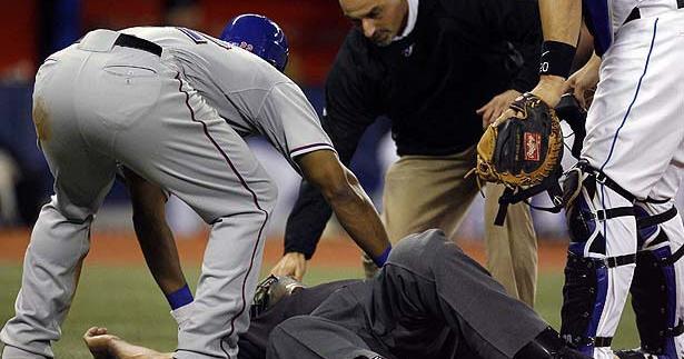 Umpire at Jays game struck in head by broken bat shard