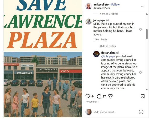 Toronto councillor’s Lawrence Plaza fight uses AI photo