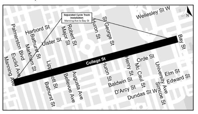 Construction on College Street in Toronto for bike lanes
