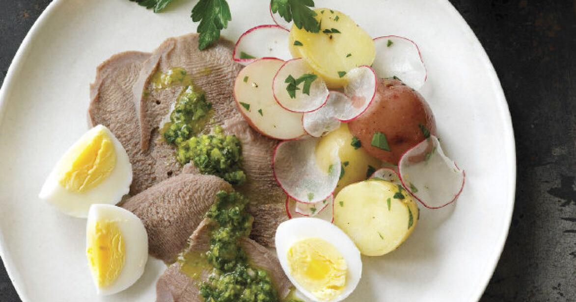 Poached tongue with salsa verde