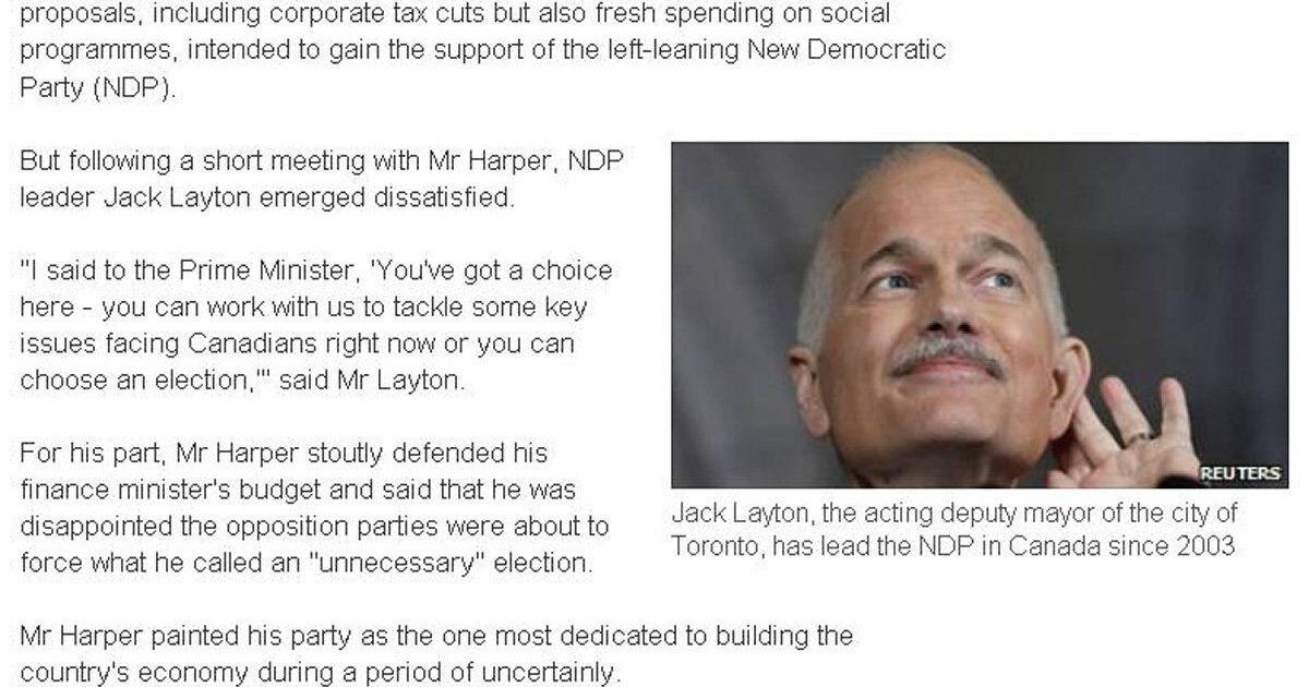 Cannon criticizes Harper? Layton is deputy mayor? BBC thinks so