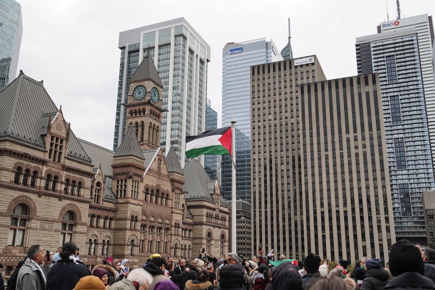 Hundreds at Palestinian flag raising at Toronto city hall