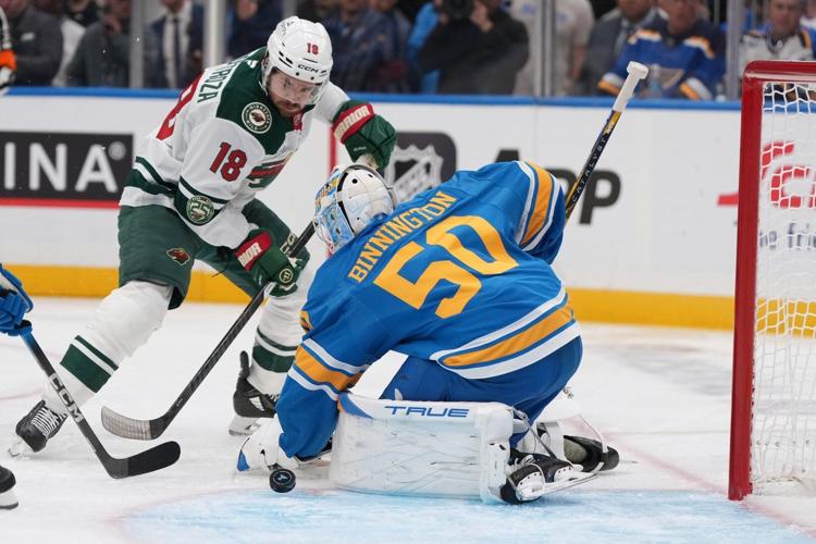 Hartman scores twice, Gustavsson makes 27 saves in Wild's 5-0 win over Blues in opener