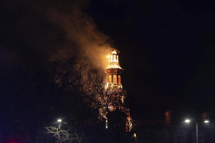 Fire damages a 19th century district town hall in Paris, leaving the bell tower at risk of collapse