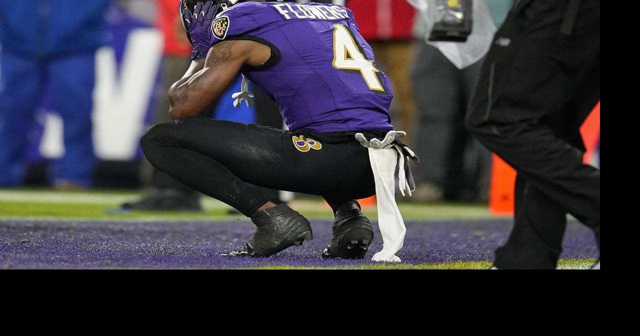 Ravens' Zay Flowers fumbles near the end zone after being flagged for taunting in the AFC title game