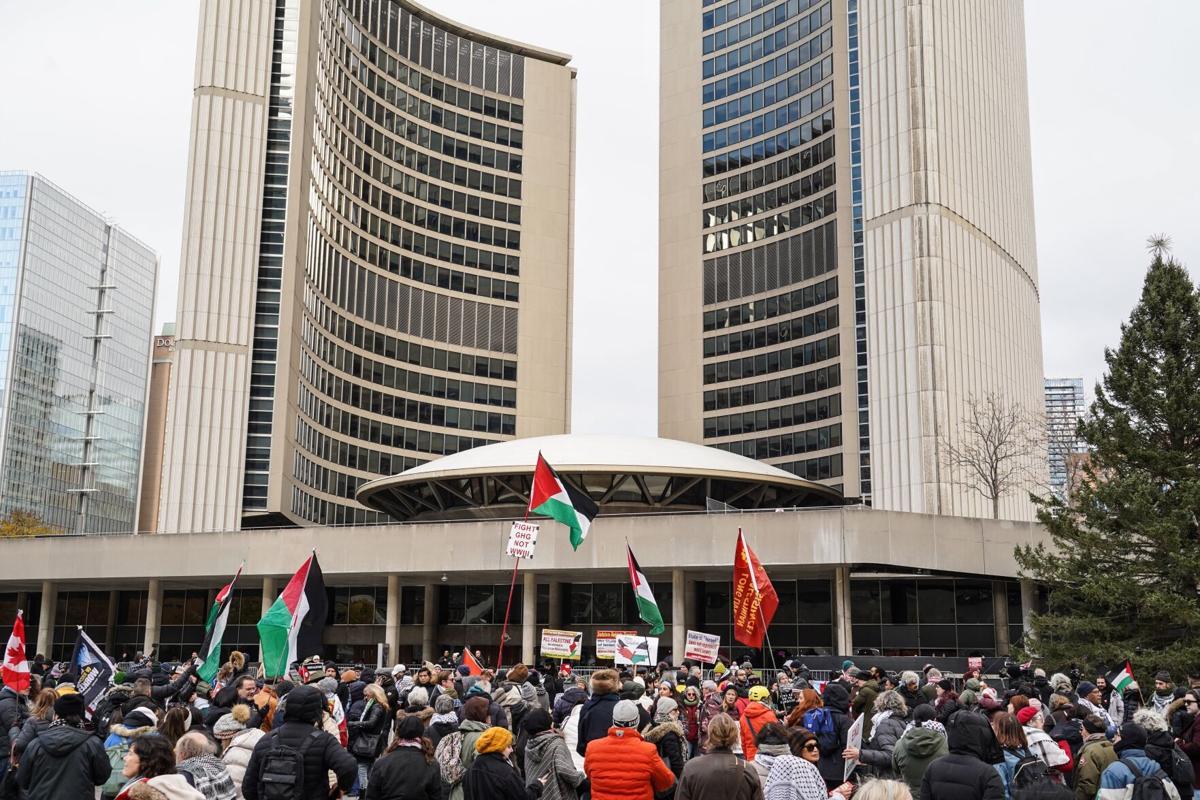 Hundreds at Palestinian flag raising at Toronto city hall