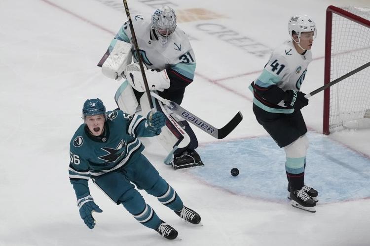 Klim Kostin's Gordie Howe hat trick helps Sharks beat Kraken 8-5