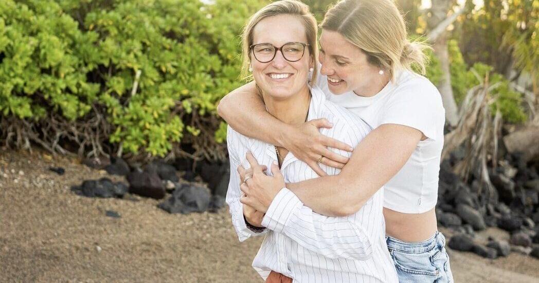 Team Canada’s Marie-Philip Poulin and Laura Stacey engaged